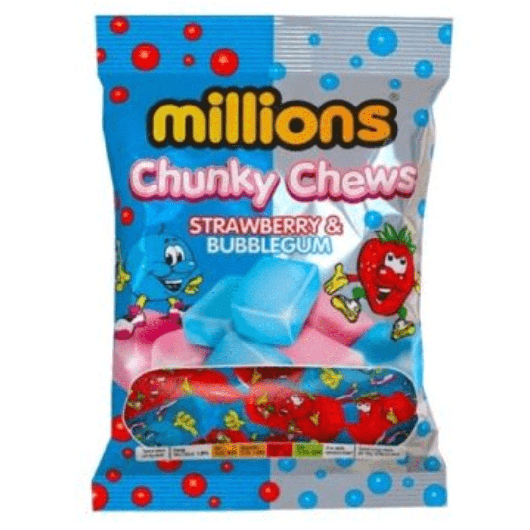 Millions Chunky Chews Strawberry and Bubblegum British Peg Bag 12x120g ...